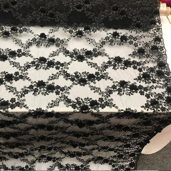 3D Embroidered French Beaded Mesh Lace Fabric