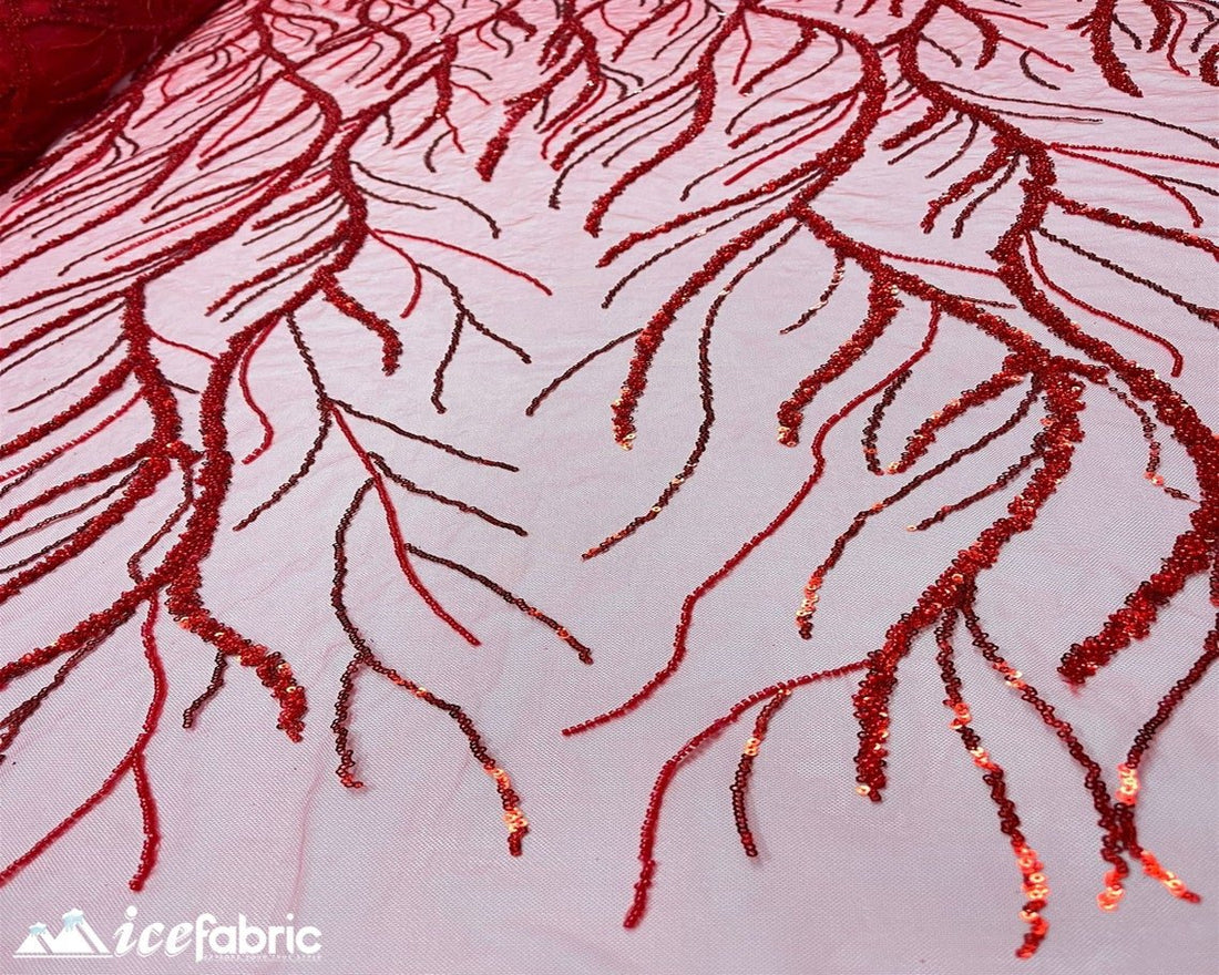 Red Handmade Beaded Fabric / Lace Fabric With Sequin