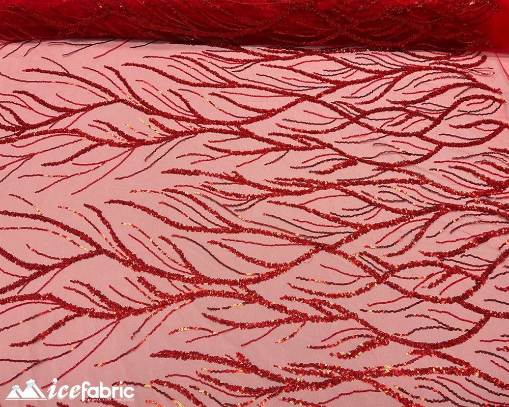 Red Handmade Beaded Fabric / Lace Fabric With Sequin